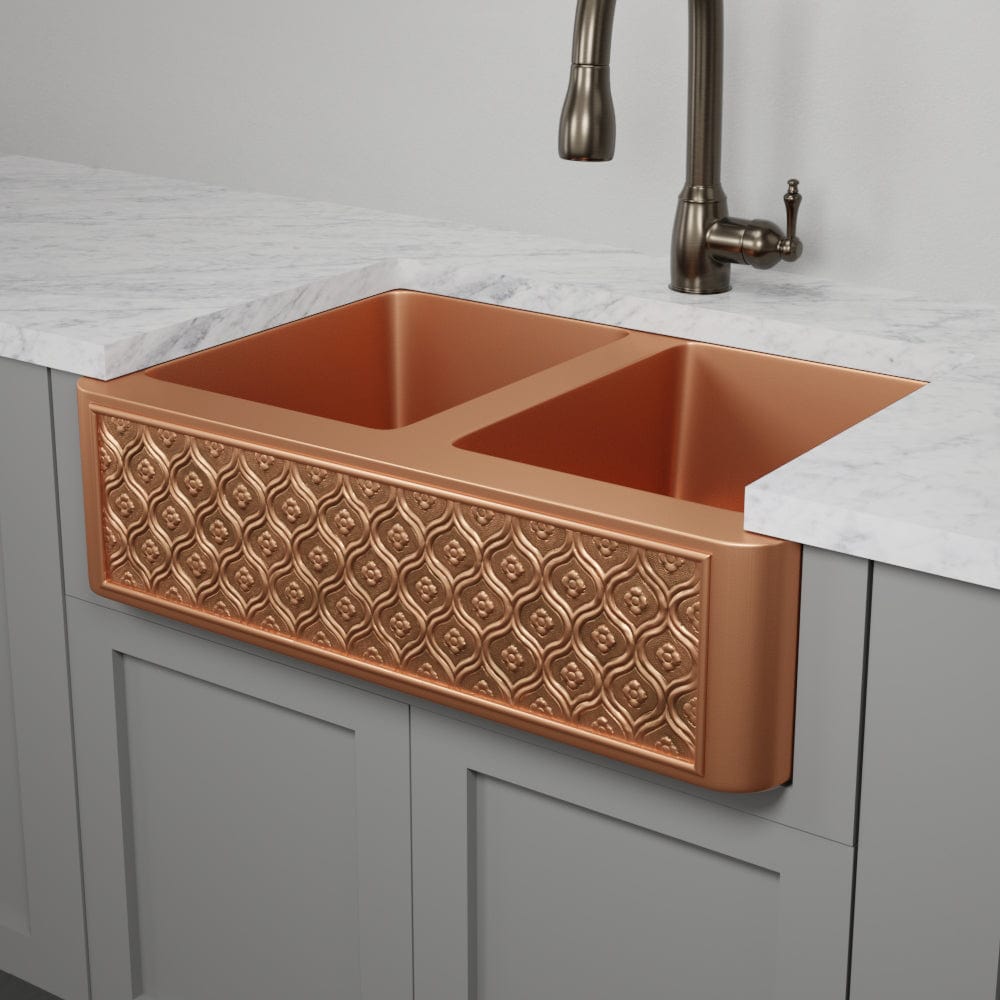 33" Gancher Copper Embossed Floral Design Double-Bowl Farmhouse Sink ...